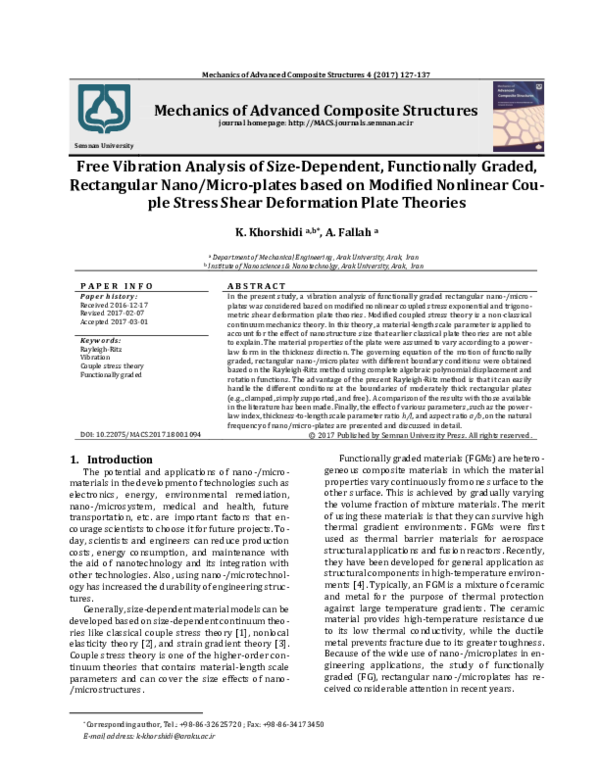 Pdf Free Vibration Analysis Of Size Dependent Functionally Graded Rectangular Nano Micro