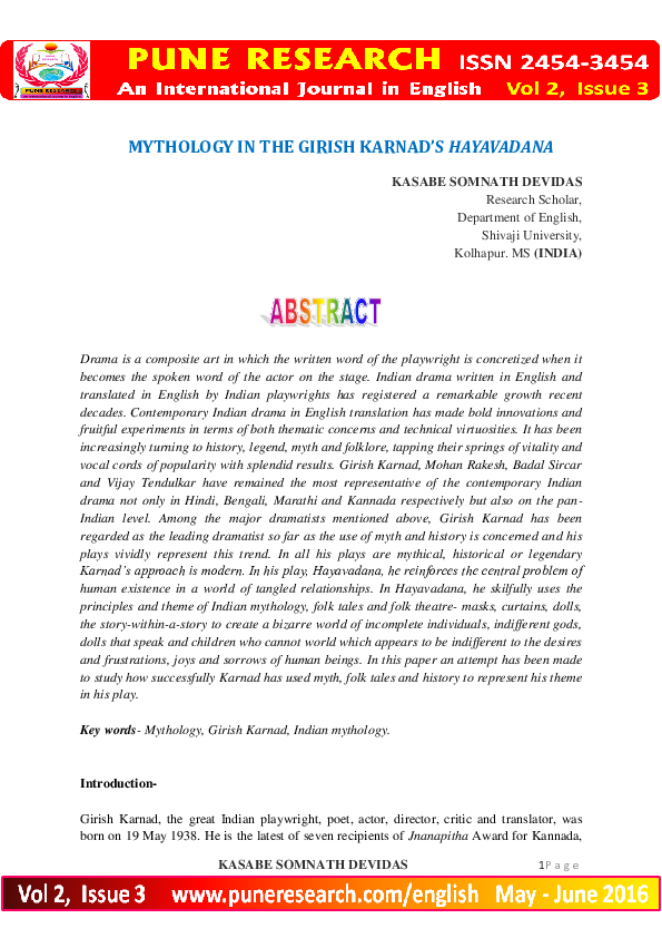 (PDF) KASABE SOMNATH DEVIDAS 1P a g e MYTHOLOGY IN THE GIRISH KARNAD'S HAYAVADANA