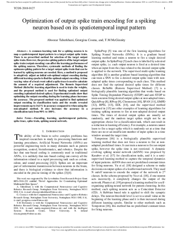 (PDF) Optimization of output spike train encoding for a spiking neuron ...