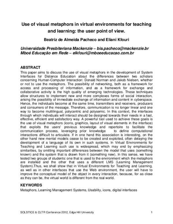 (PDF) Use of visual metaphors in virtual environments for teaching and ...