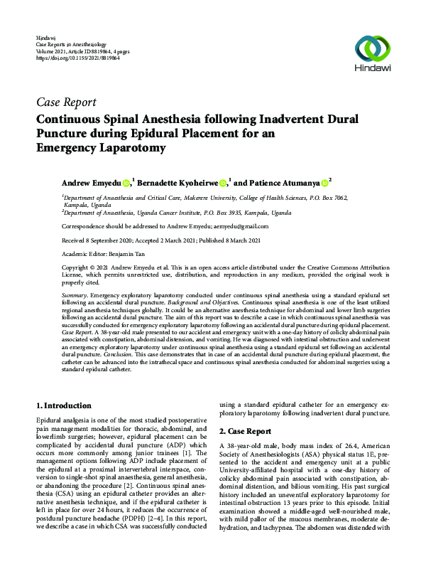 (PDF) Continuous Spinal Anesthesia following Inadvertent Dural Puncture ...