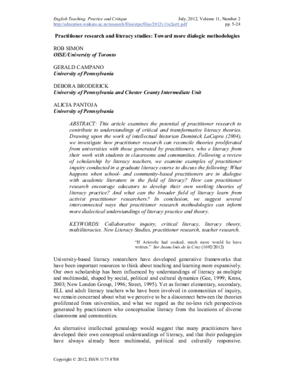 (PDF) Practitioner Research and Literacy Studies: Toward More Dialogic ...