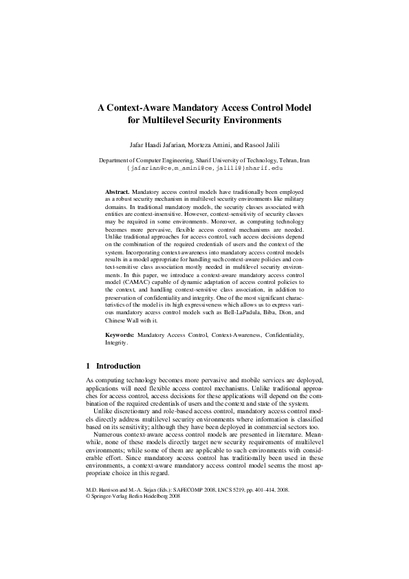 Pdf A Context Aware Mandatory Access Control Model For Multilevel