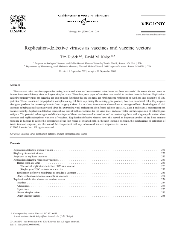 (PDF) Replication-defective viruses as vaccines and vaccine vectors