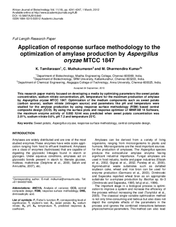 (PDF) Application of response surface methodology to the optimization of amylase production by ...