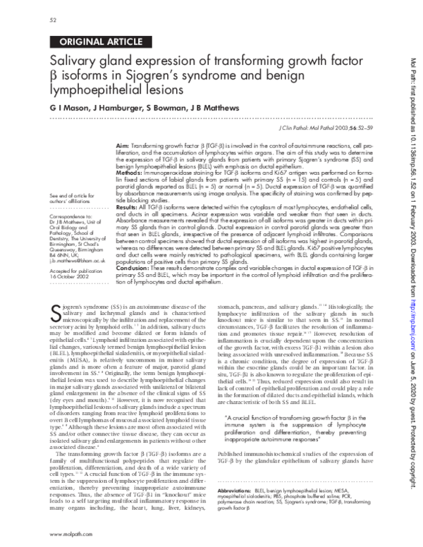 (PDF) Salivary gland expression of transforming growth factor beta isoforms in Sjogren's ...