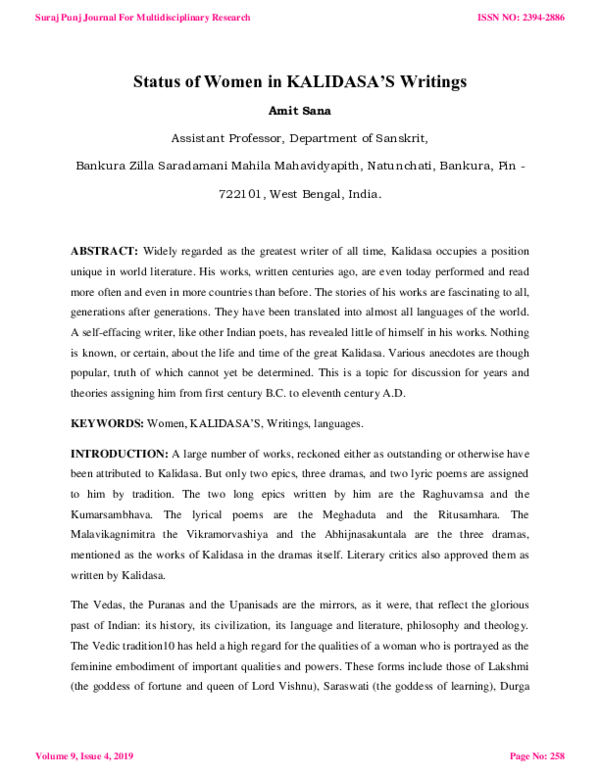 (PDF) Status of Women in KALIDASA’S Writings