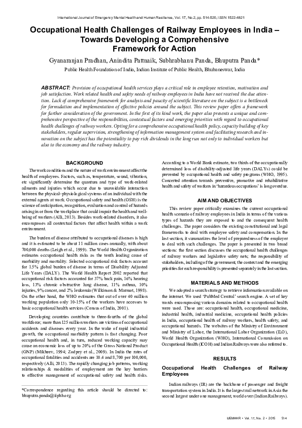 (PDF) Occupational Health Challenges of Railway Employees in India ...