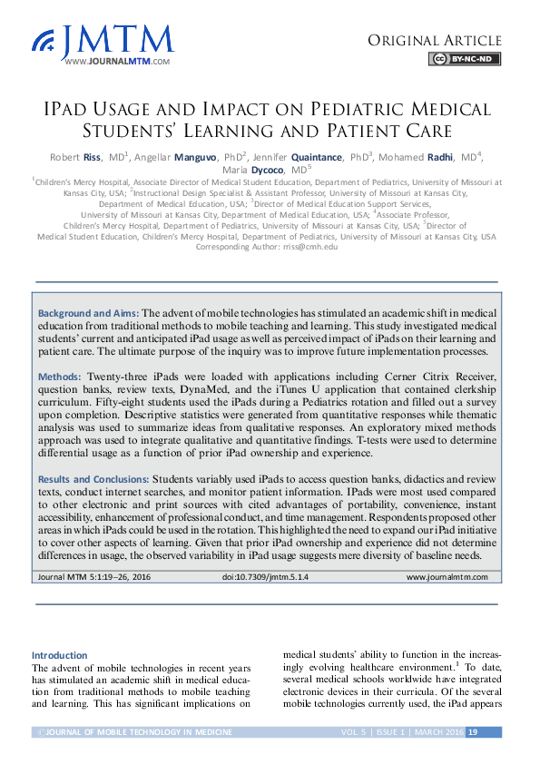 (PDF) Ipad Usage and Impact on Pediatric Medical Students’ Learning and ...