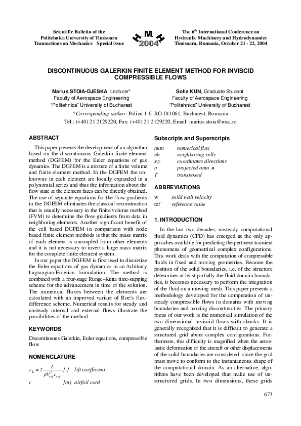 (PDF) Discontinuous Galerkin Finite Element Method for Inviscid Compressible Flows