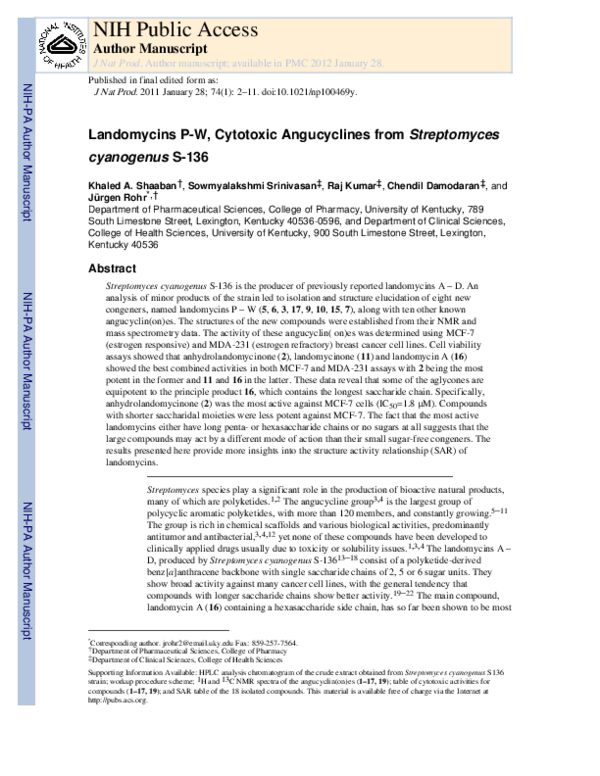 (PDF) Landomycins P−W, Cytotoxic Angucyclines from Streptomyces ...
