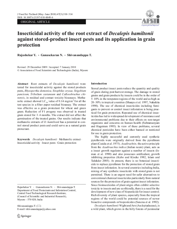 (PDF) Insecticidal activity of the root extract of Decalepis hamiltonii ...