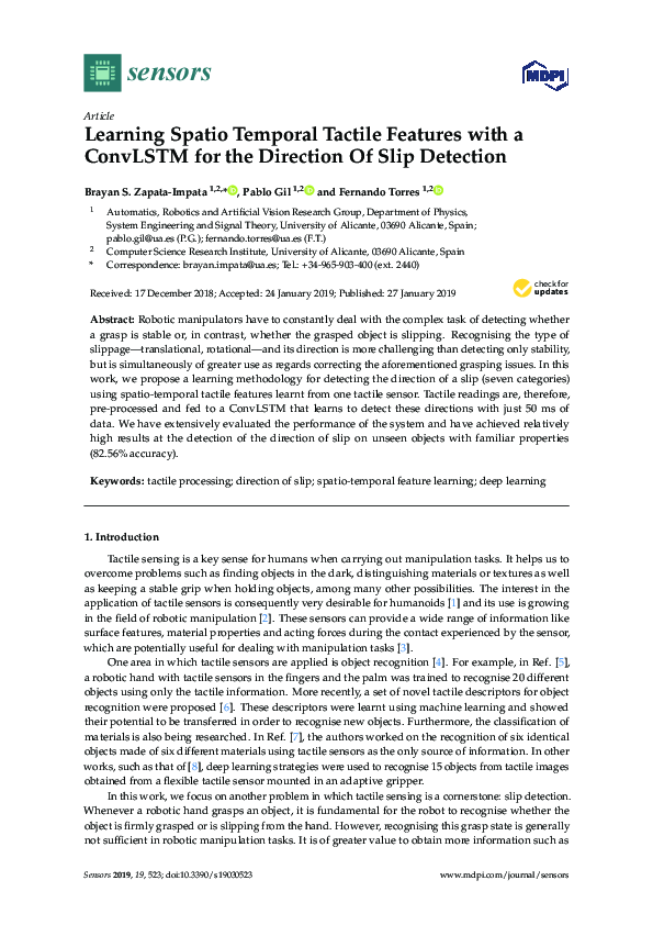 Pdf Learning Spatio Temporal Tactile Features With A Convlstm For The Direction Of Slip Detection