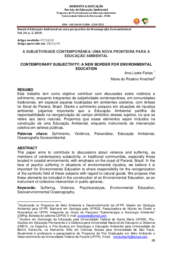 (PDF) A subjetividade contemporânea: uma nova fronteira para a educação ...