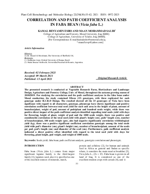 (PDF) CORRELATION AND PATH COEFFICIENT ANALYSIS IN FABA BEAN (Vicia faba L