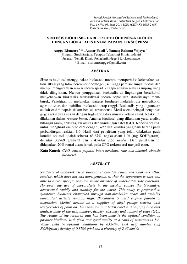 (PDF) Sintesis Biodiesel Dari Cpo Metode Non-Alkohol Dengan Biokatalis ...