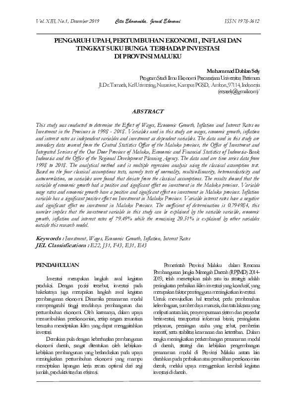 (PDF) Pengaruh Upah, Pertumbuhan Ekonomi , Inflasi Dan Tingkat Suku Bunga Terhadap Investasi DI ...