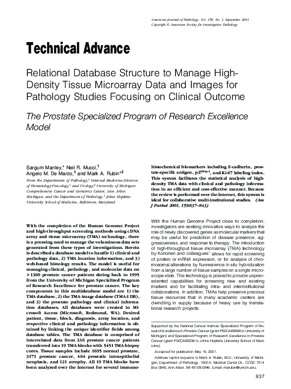 (PDF) Relational Database Structure to Manage High-Density Tissue Microarray Data and Images for ...