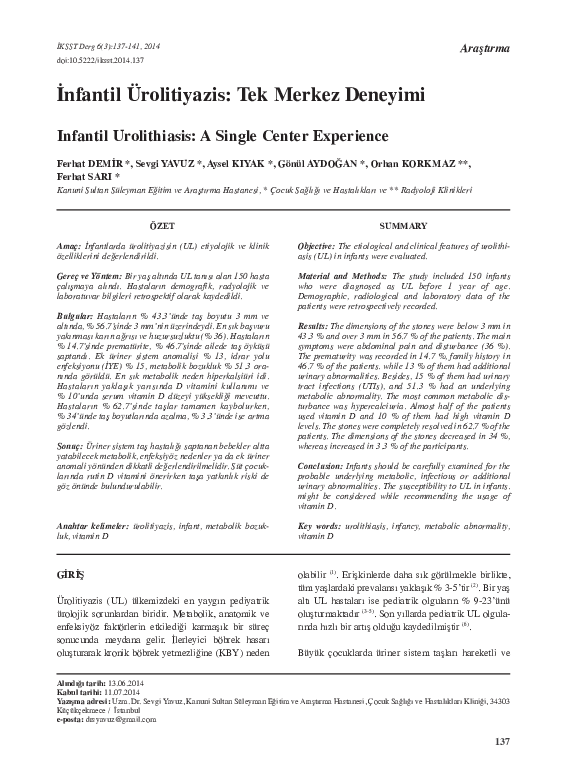 (PDF) Infantil Urolithiasis: A Single Center Experience
