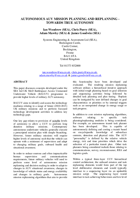 (PDF) AUTONOMOUS AUV MISSION PLANNING AND REPLANNING - TOWARDS TRUE ...