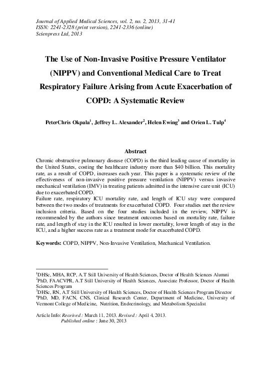 (PDF) The Use of Non-Invasive Positive Pressure Ventilator (NIPPV) and ...