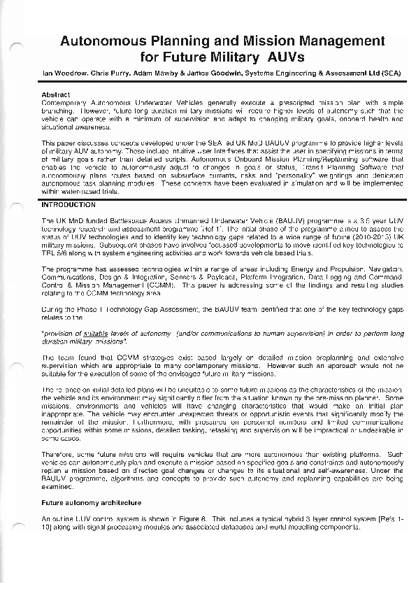 (PDF) Autonomous Planning and Mission Management for Future Military AUVs
