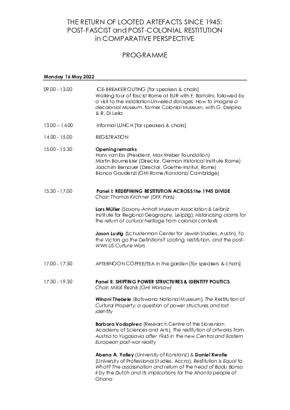 (PDF) CONF Programme: 'THE RETURN OF LOOTED ARTEFACTS SINCE 1945: post ...