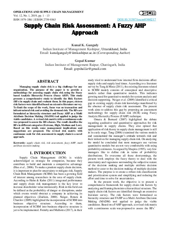 (PDF) Supply Chain Risk Assessment: a fuzzy AHP approach