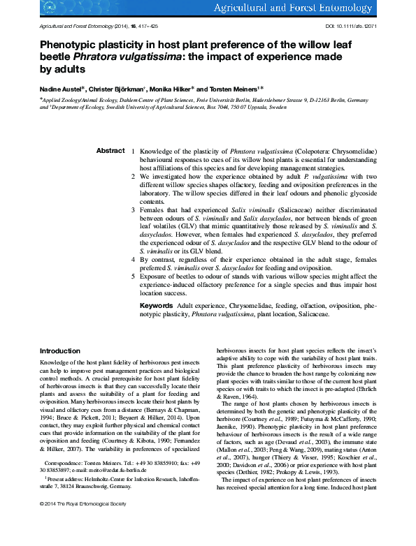 (PDF) Phenotypic plasticity in host plant preference of the willow leaf beetle Phratora ...