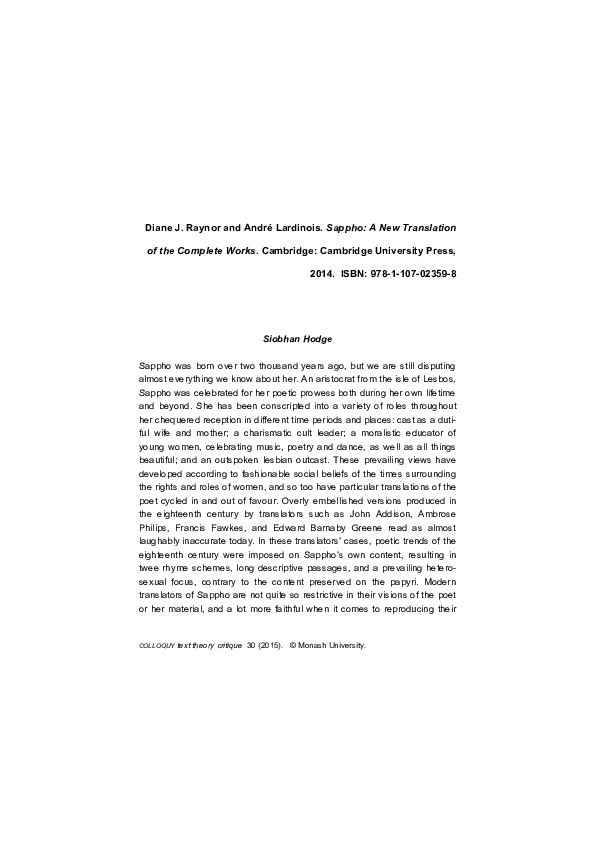 (PDF) Diane J. Raynor and André Lardinois Sappho: A New Translation of ...