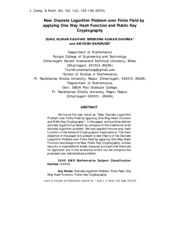 Pdf New Discrete Logarithm Problem Over Finite Field By Applying One Way Hash Function And