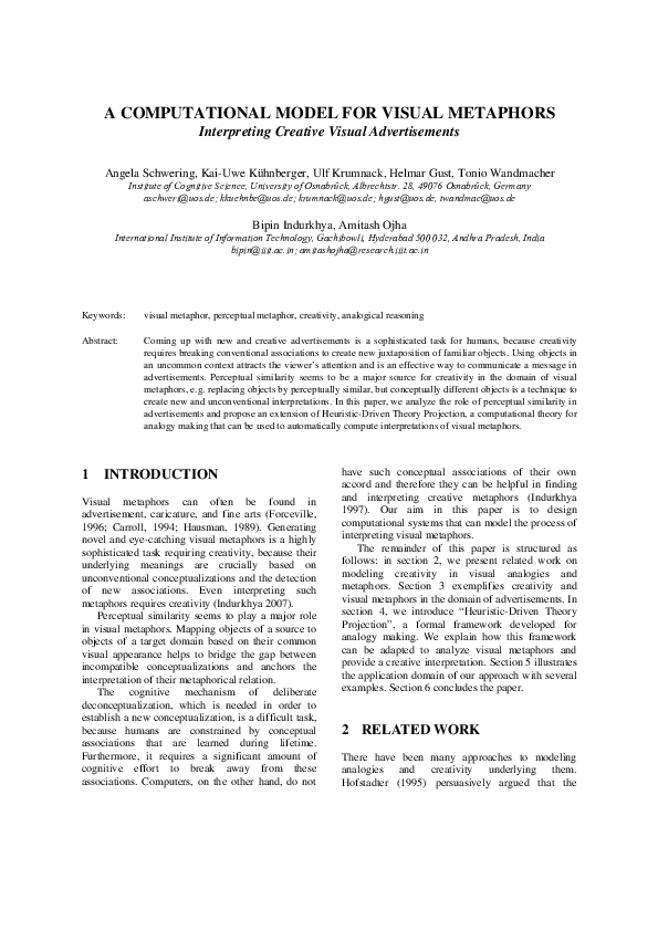 (PDF) A COMPUTATIONAL MODEL FOR VISUAL METAPHORS Interpreting Creative ...