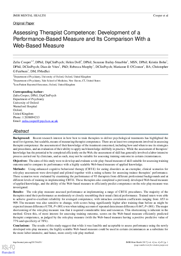 (PDF) Assessing Therapist Competence: Development of a Performance-Based Measure and Its ...