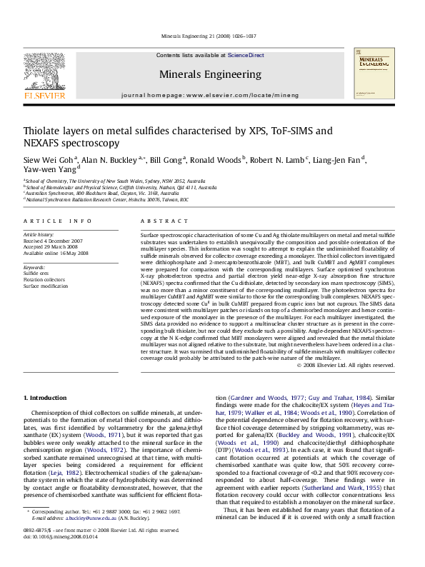 (PDF) Thiolate layers on metal sulfides characterised by XPS, ToF-SIMS ...