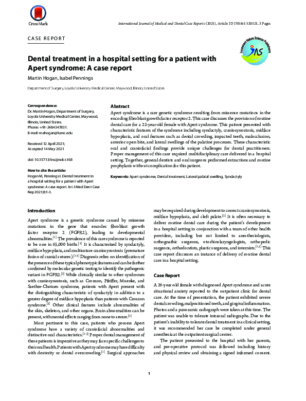(PDF) Dental treatment in a hospital setting for a patient with Apert ...