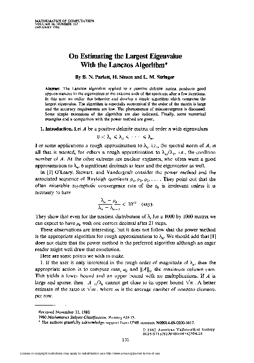 (PDF) On estimating the largest eigenvalue with the Lanczos algorithm