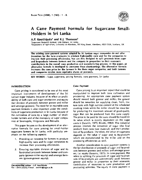 (PDF) A cane payment formula for sugarcane small-holders in Sri Lanka