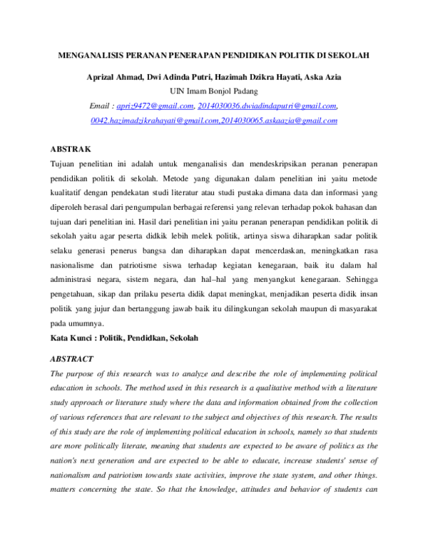 (PDF) MENGANALISIS PERANAN PENERAPAN PENDIDIKAN POLITIK DI SEKOLAH