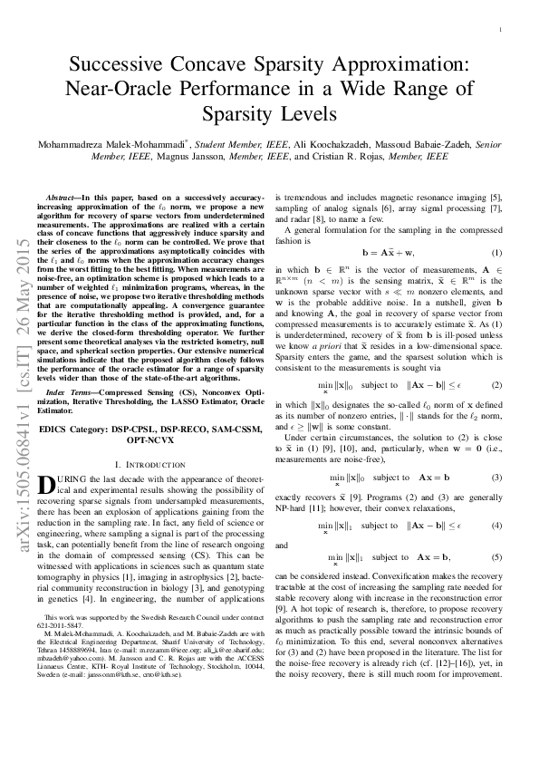 (PDF) Successive Concave Sparsity Approximation for Compressed Sensing