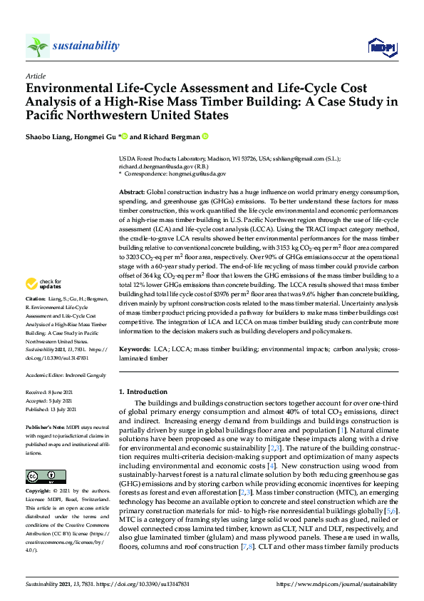 (PDF) LCA and LCCA of High-Rise Mass Timber Building
