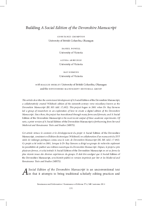 (PDF) Building A Social Edition of the Devonshire Manuscript