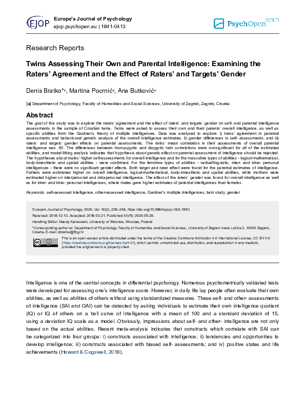 (PDF) Twins assessing their own and parental intelligence: Examining ...