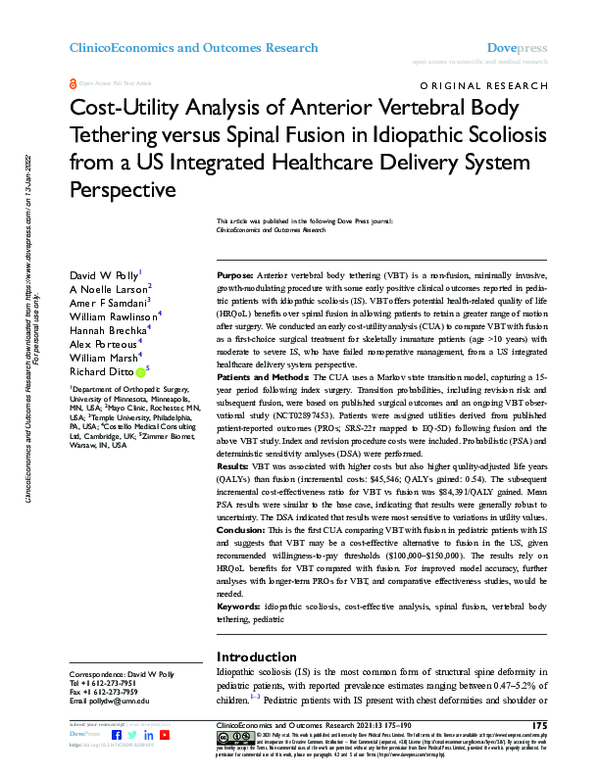 Pdf Cost Utility Analysis Of Anterior Vertebral Body Tethering Versus
