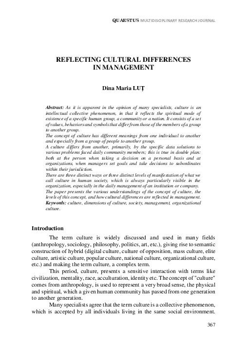 (PDF) Reflecting Cultural Differences in Management