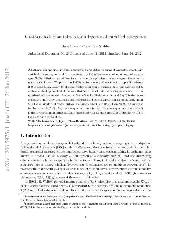 (PDF) 2 Grothendieck quantaloids for allegories of enriched categories