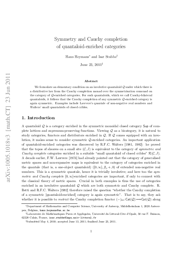 (PDF) 1 Symmetry and Cauchy completion of quantaloid-enriched categories