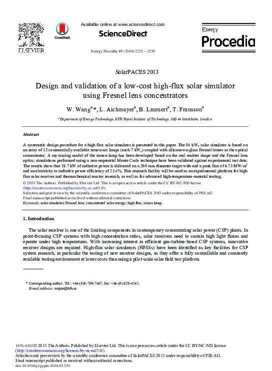 (PDF) Design and Validation of a Low-cost High-flux Solar Simulator ...