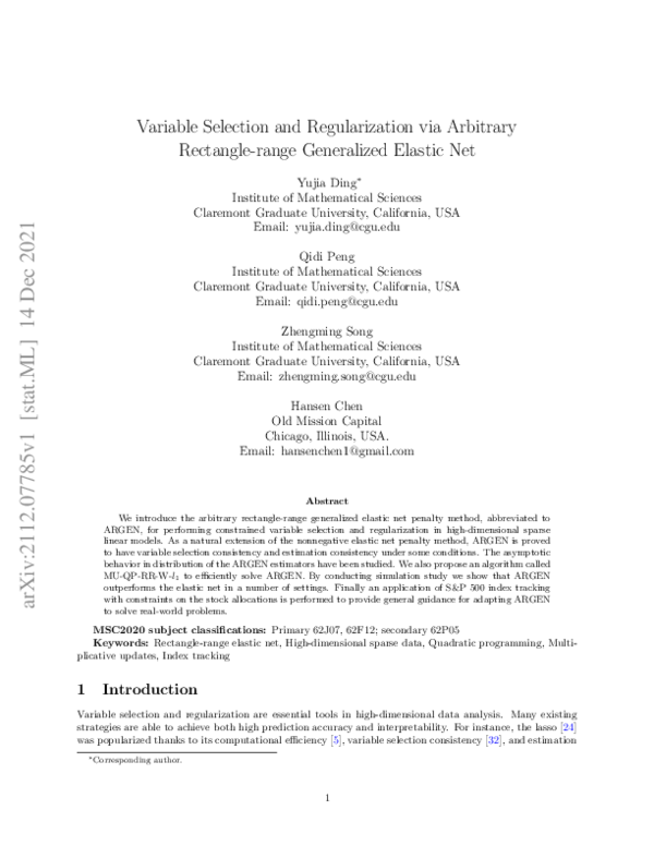 (PDF) Variable Selection and Regularization via Arbitrary Rectangle-range Generalized Elastic Net