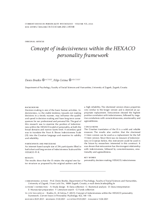 (PDF) Concept of indecisiveness within the HEXACO personality framework ...