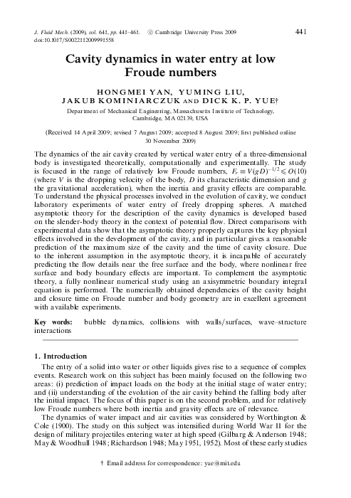 (PDF) Cavity dynamics in water entry at low Froude numbers